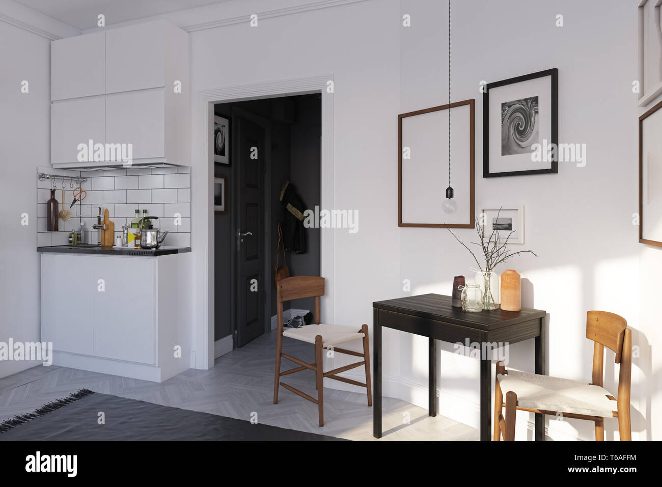 compact scandinavian style kitchen design. 3d rendering concept Stock ...