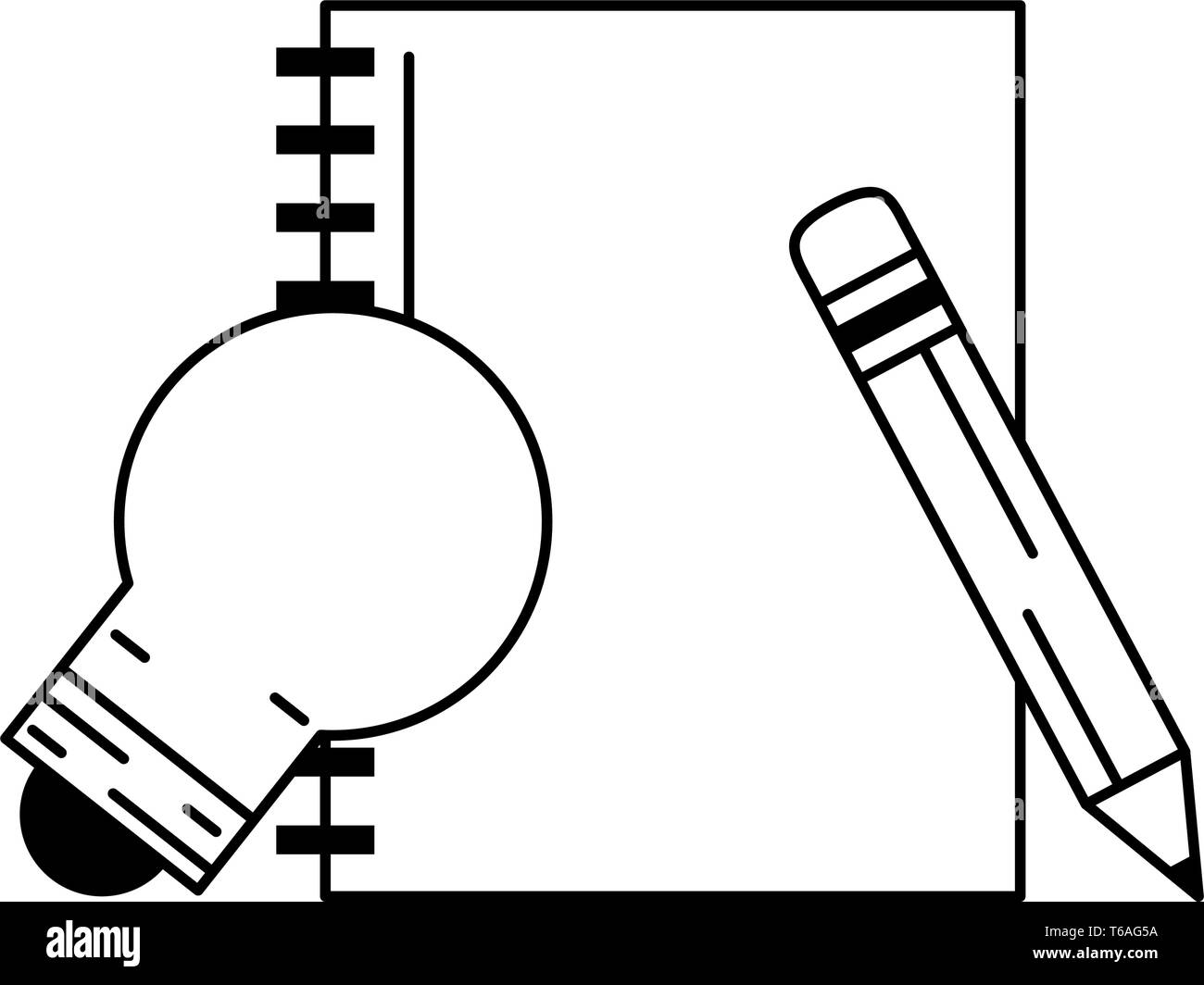 book with light bulb and pencil black and white Stock Vector Image ...
