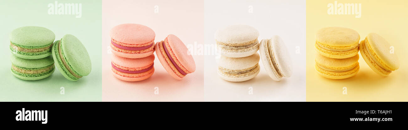 Food collage of colorful macarons on same color backgrounds. Creative ...