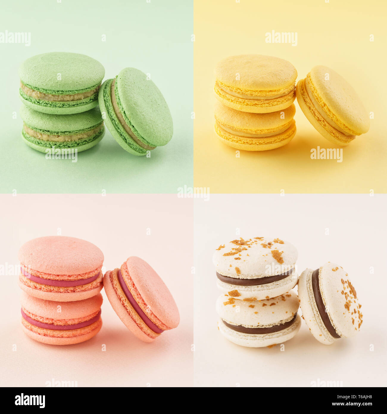Food collage of colorful macarons on same color backgrounds. Creative ...