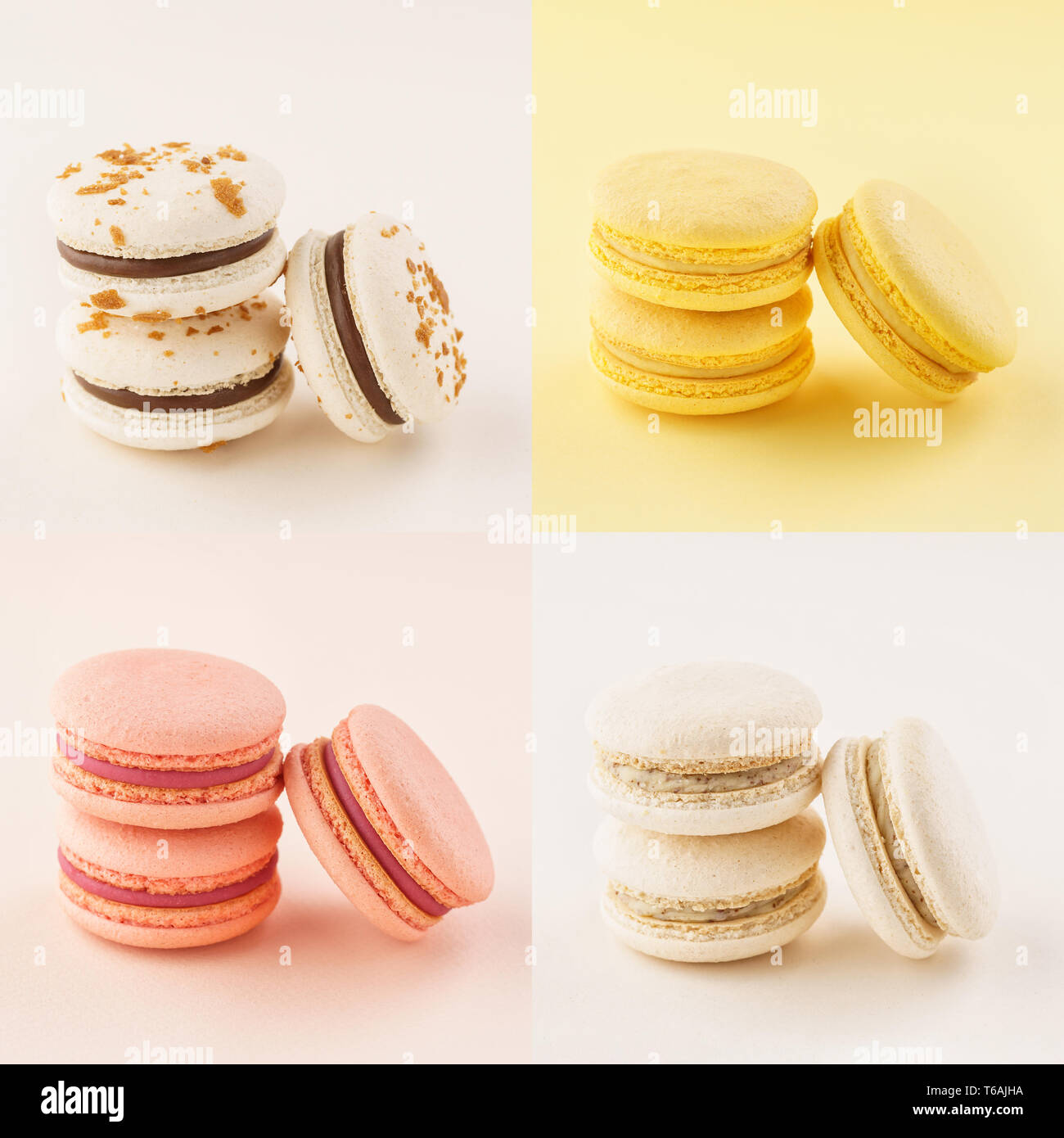 Food collage of colorful macarons on same color backgrounds. Creative ...