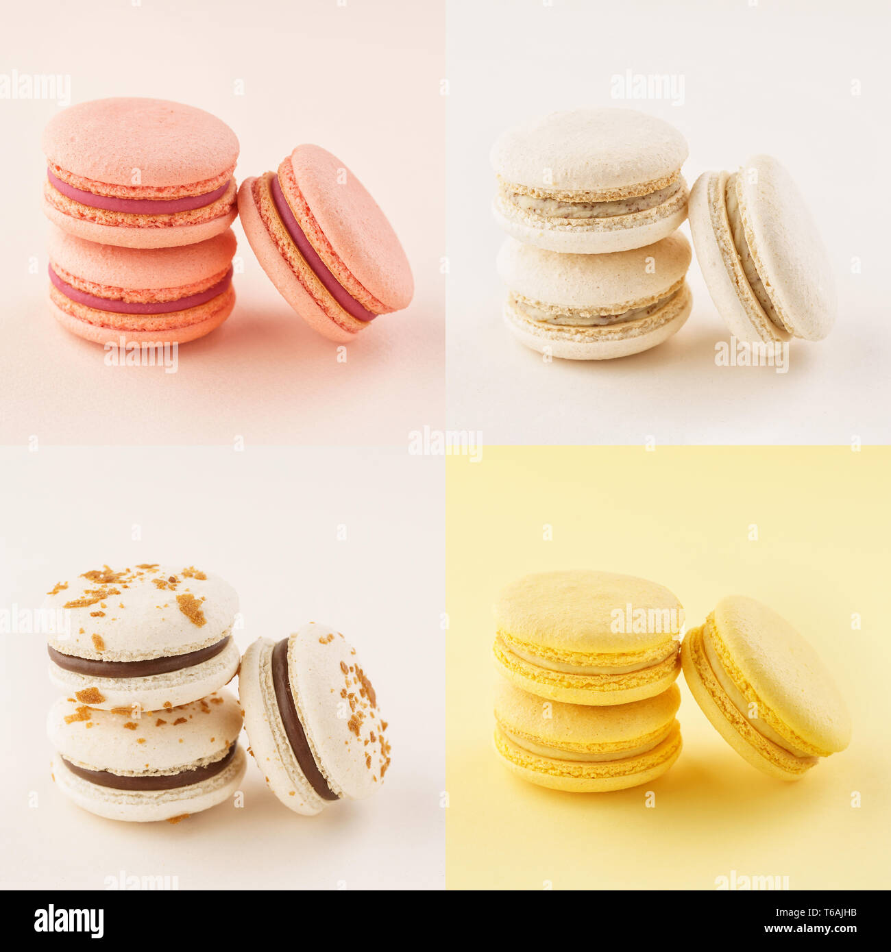 Food collage of colorful macarons on same color backgrounds. Creative ...