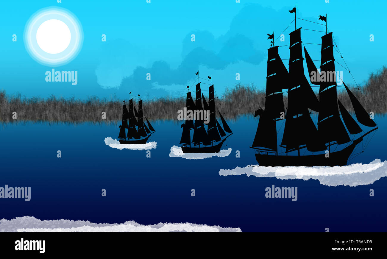 Boats on the Sea Background. Scene with pirate ship. Fantastic ...