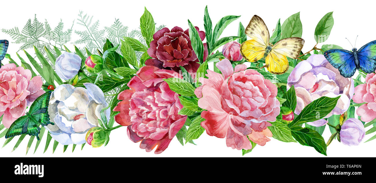 Watercolor flowers, seamless border. Floral illustration, Leaf and buds ...
