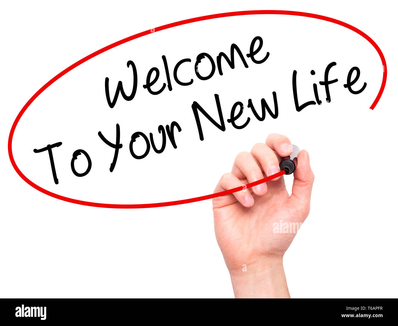 Man Hand writing Welcome To Your New Life with black marker on visual ...