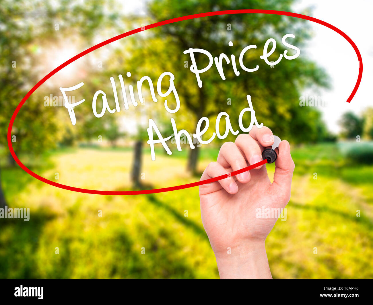Man Hand writing Falling Prices Ahead with black marker on visual ...