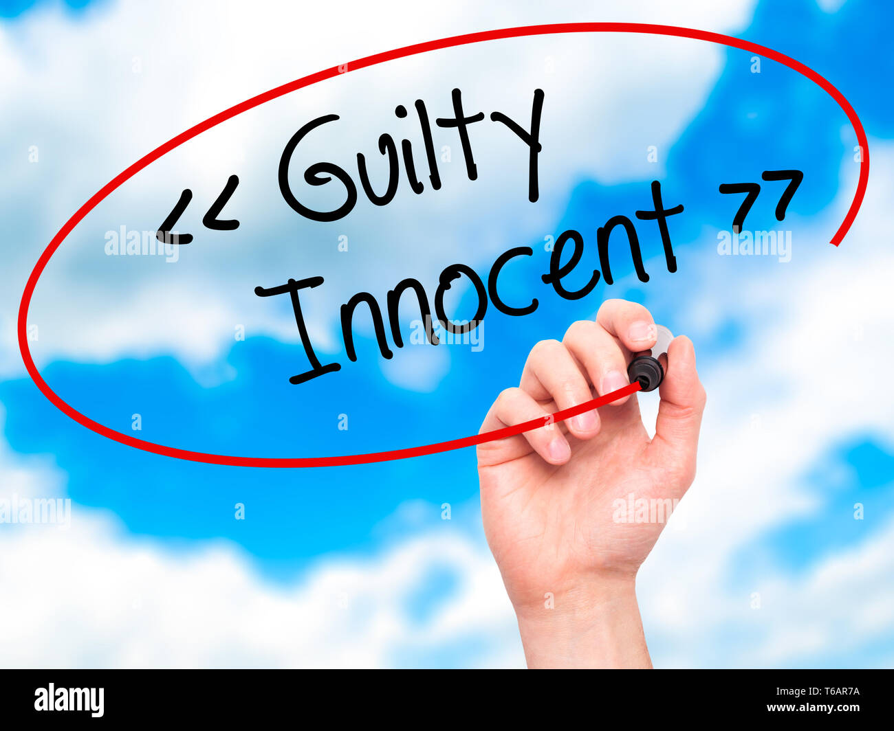 Man Hand writing Guilty - Innocent with black marker on visual screen ...