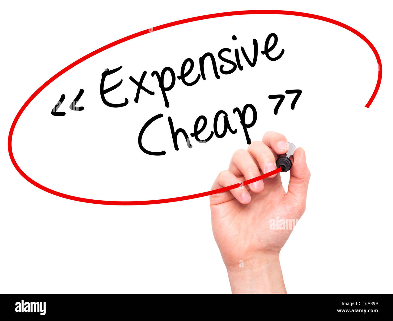 Man Hand writing Expensive - Cheap with black marker on visual screen ...