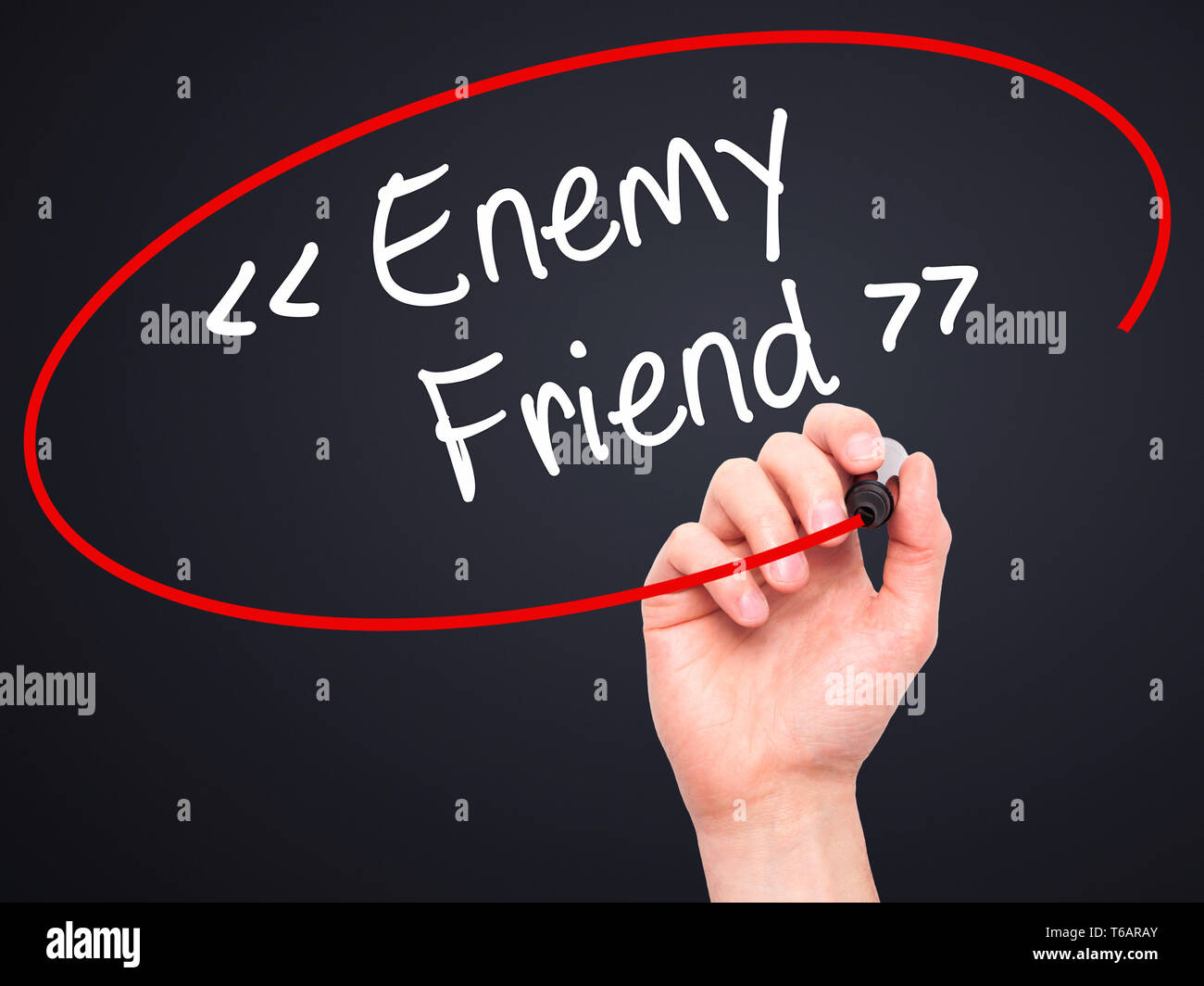 Man Hand writing Enemy - Friend with black marker on visual screen ...