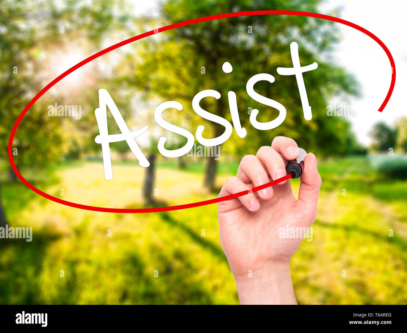 Man Hand writing Assist with black marker on visual screen Stock Photo ...