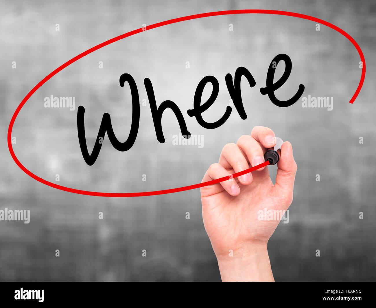 Man Hand writing Where with black marker on visual screen Stock Photo ...