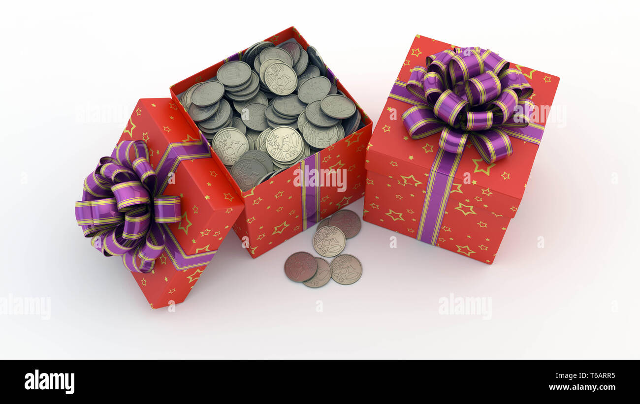 Gift box with coins Stock Photo - Alamy