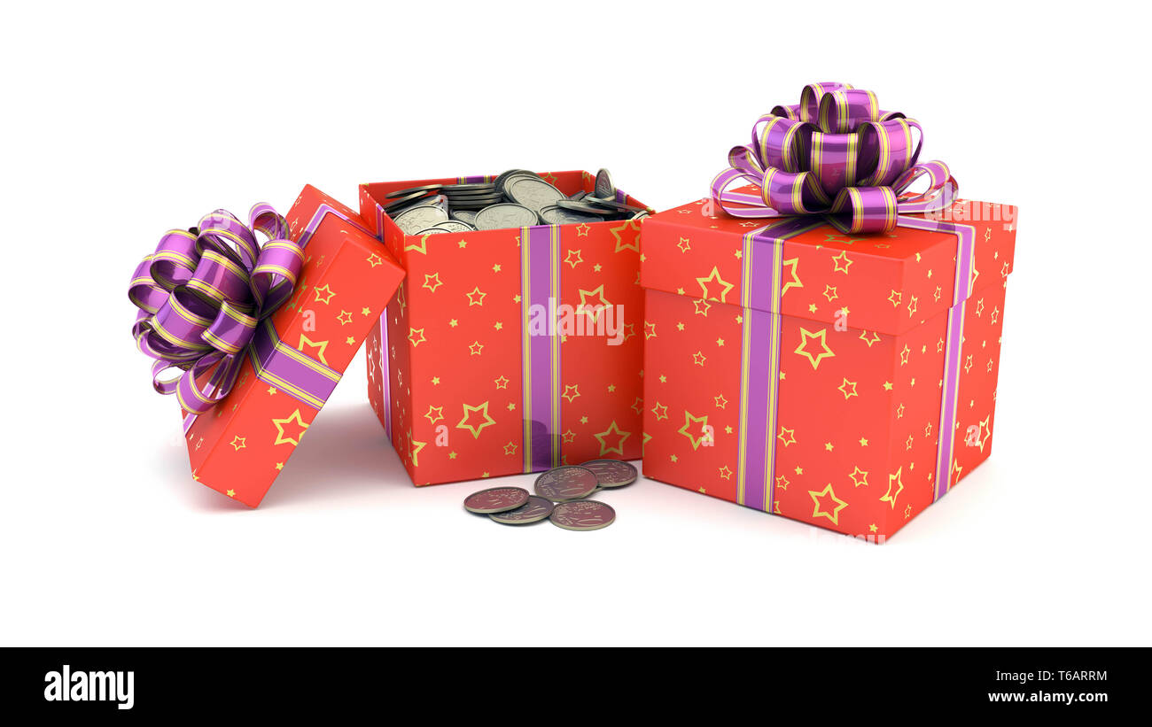 Gift box with coins Stock Photo - Alamy