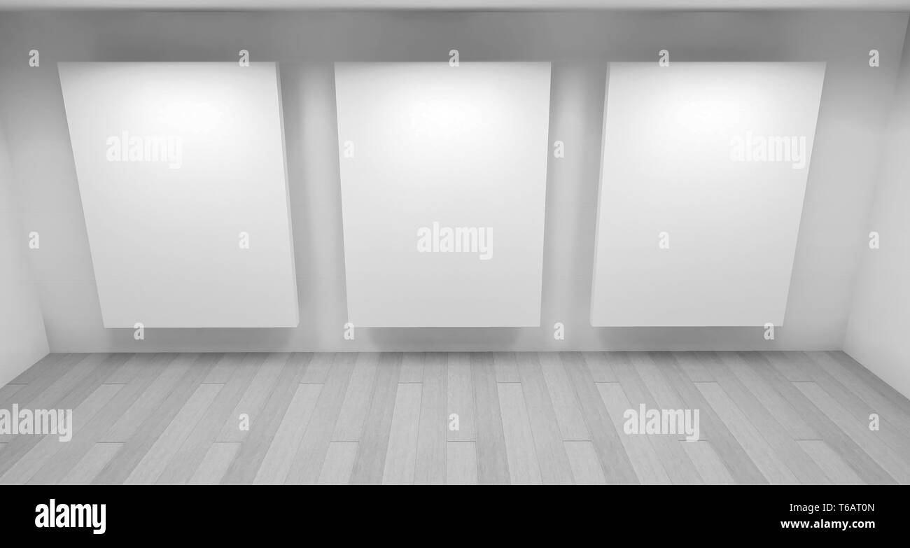 exposition, clean art gallery space with blank frames on the wall ...