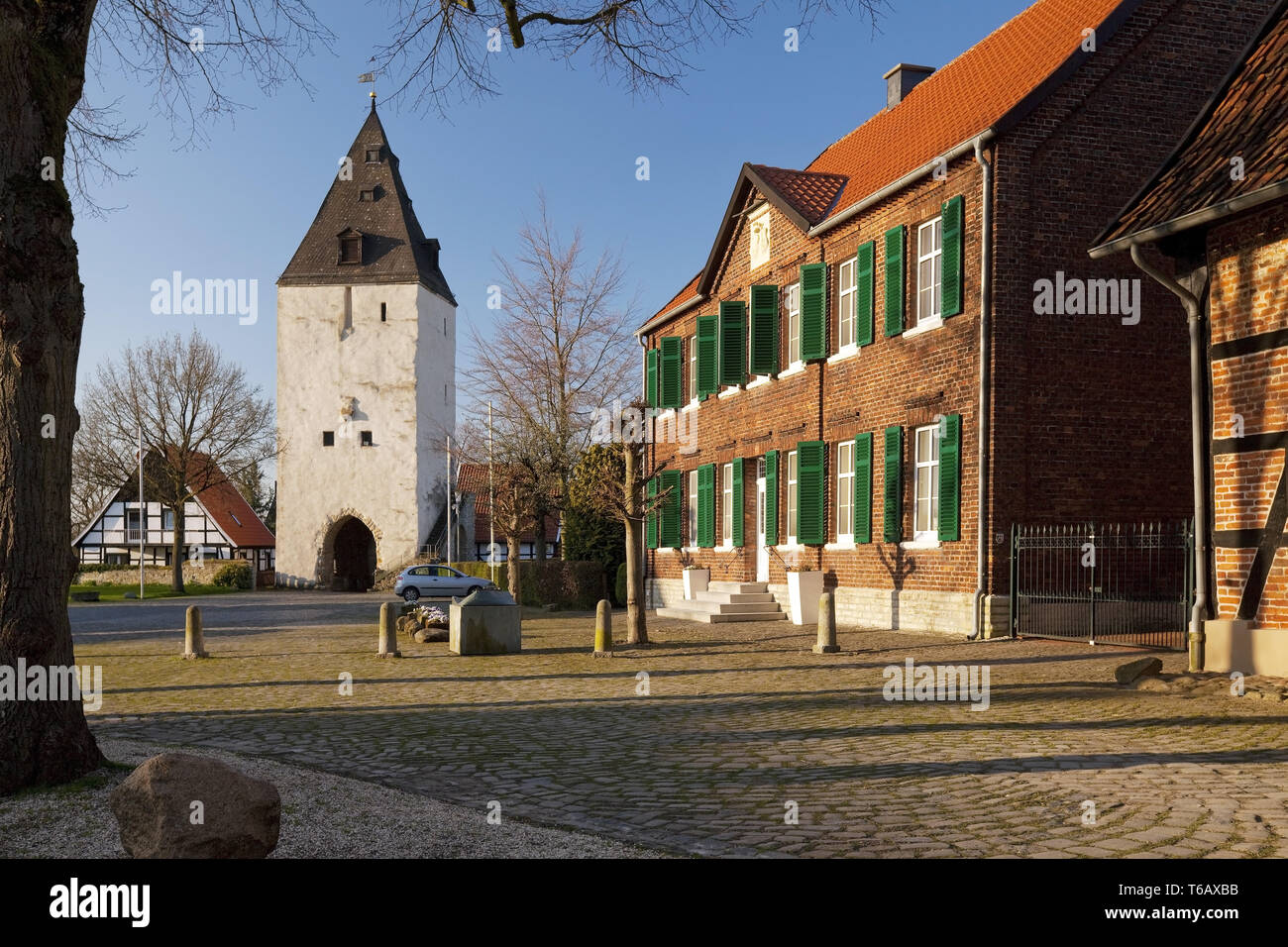 tower Paulusturm and houses on the square Burgplatz, Oelde-Stromberg ...