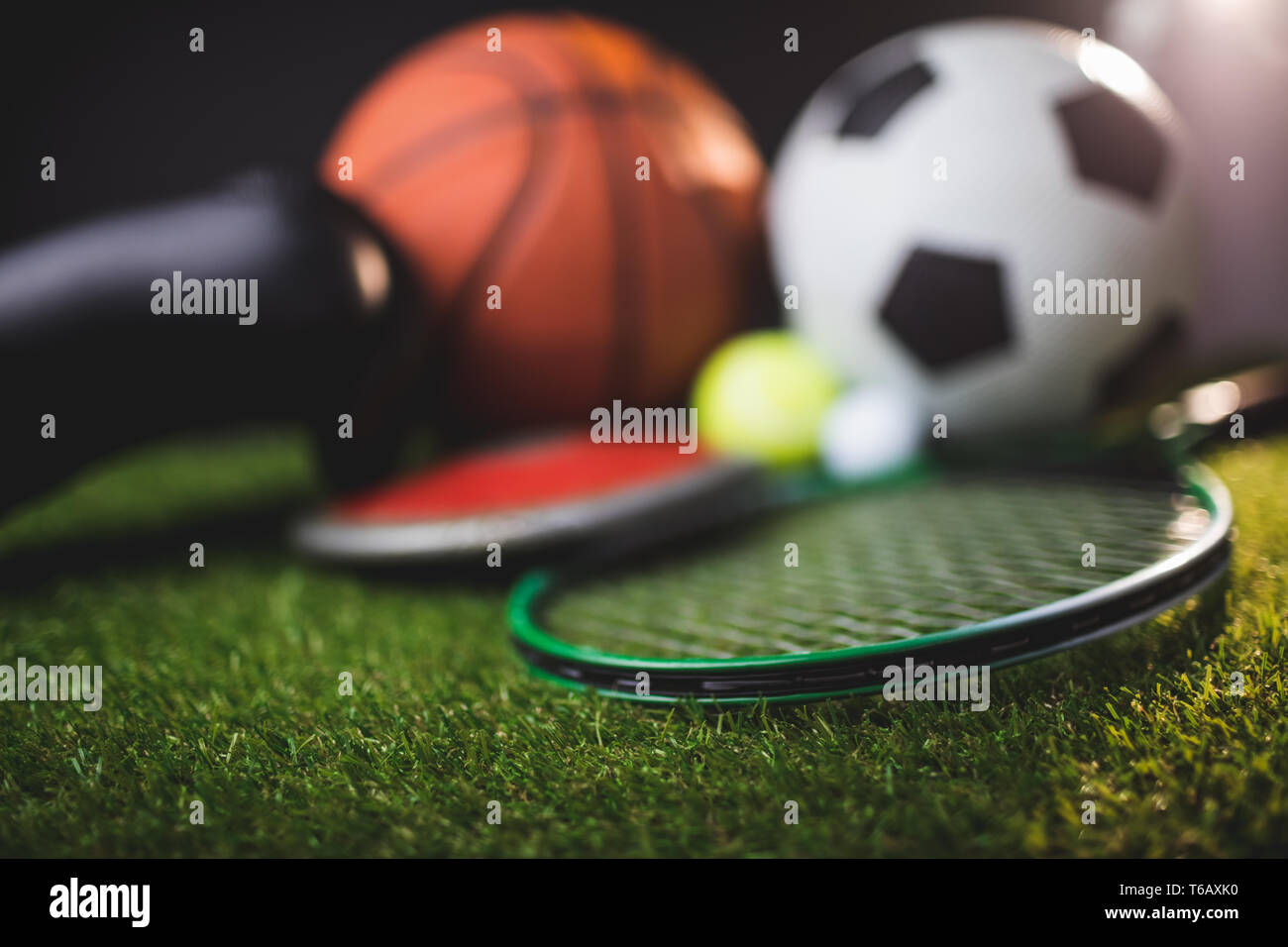 Close up of boxing gloves and basketball football tennis golf balls and ...