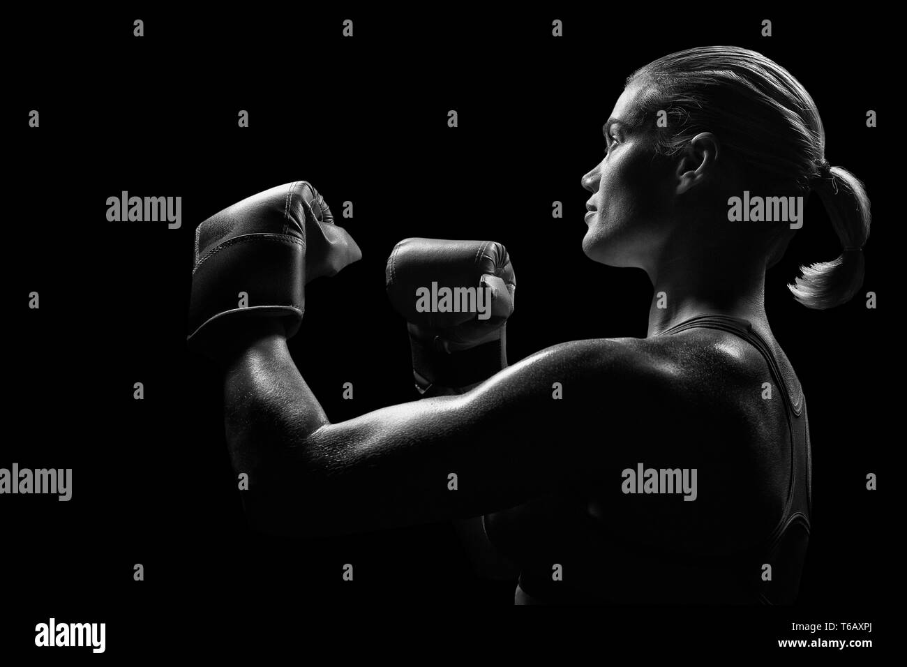 Composite image of side view of female boxer with fighting stance Stock ...