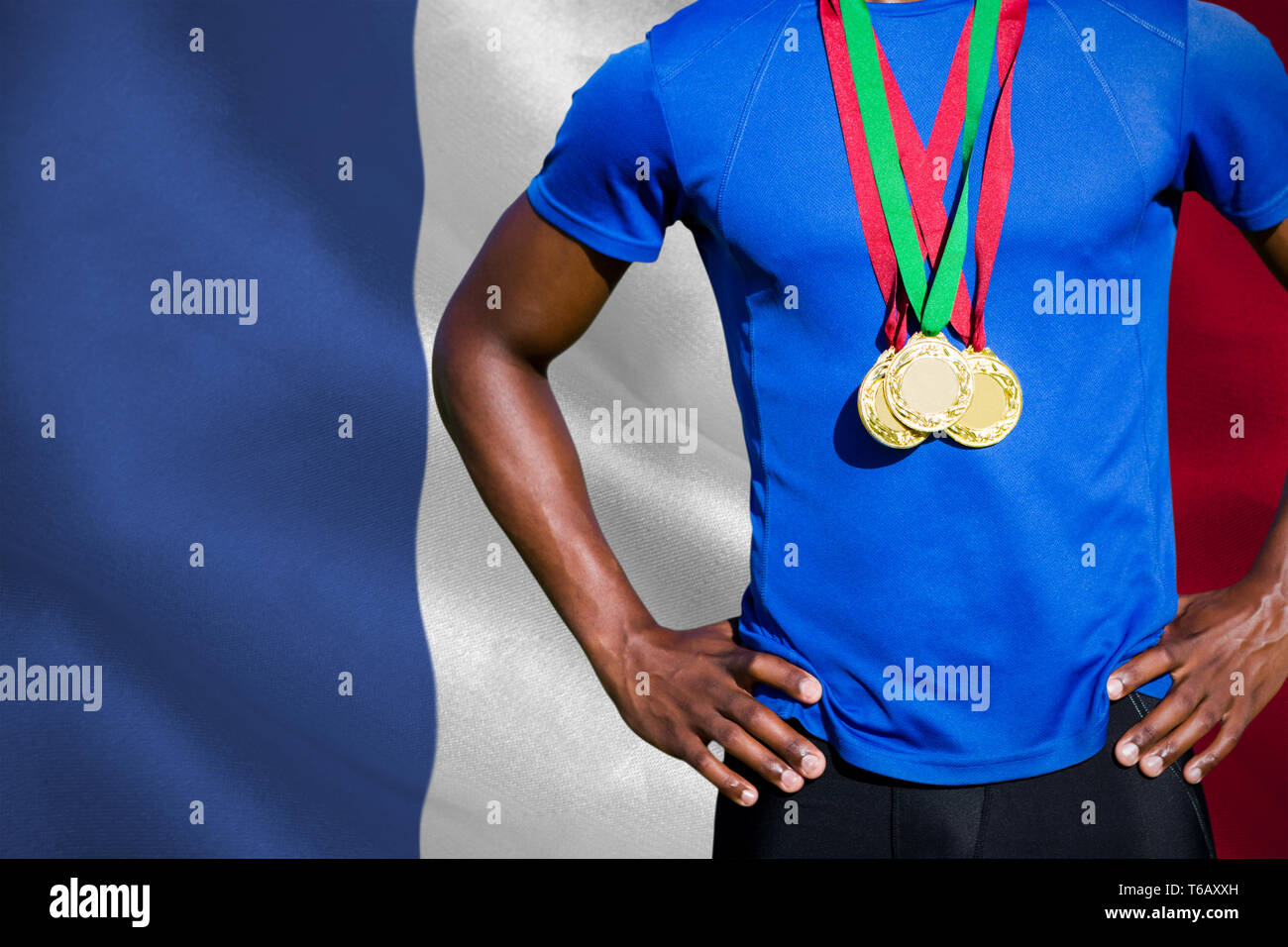Composite image of portrait of athletic man chest holding gold medals ...