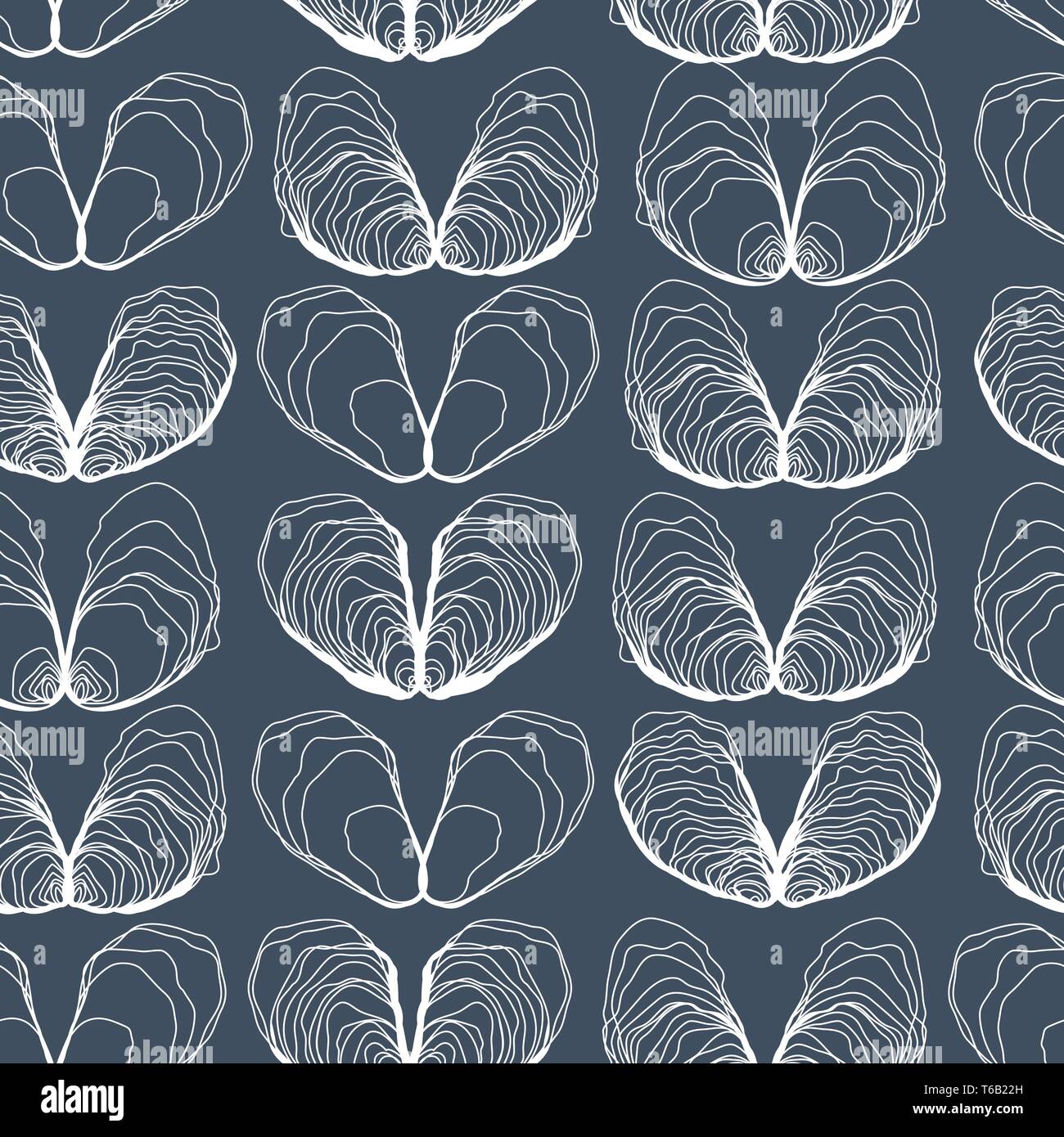 Hand Drawn Oyster Hearts Seamless Line Pattern on Blue. Oyster Love ...