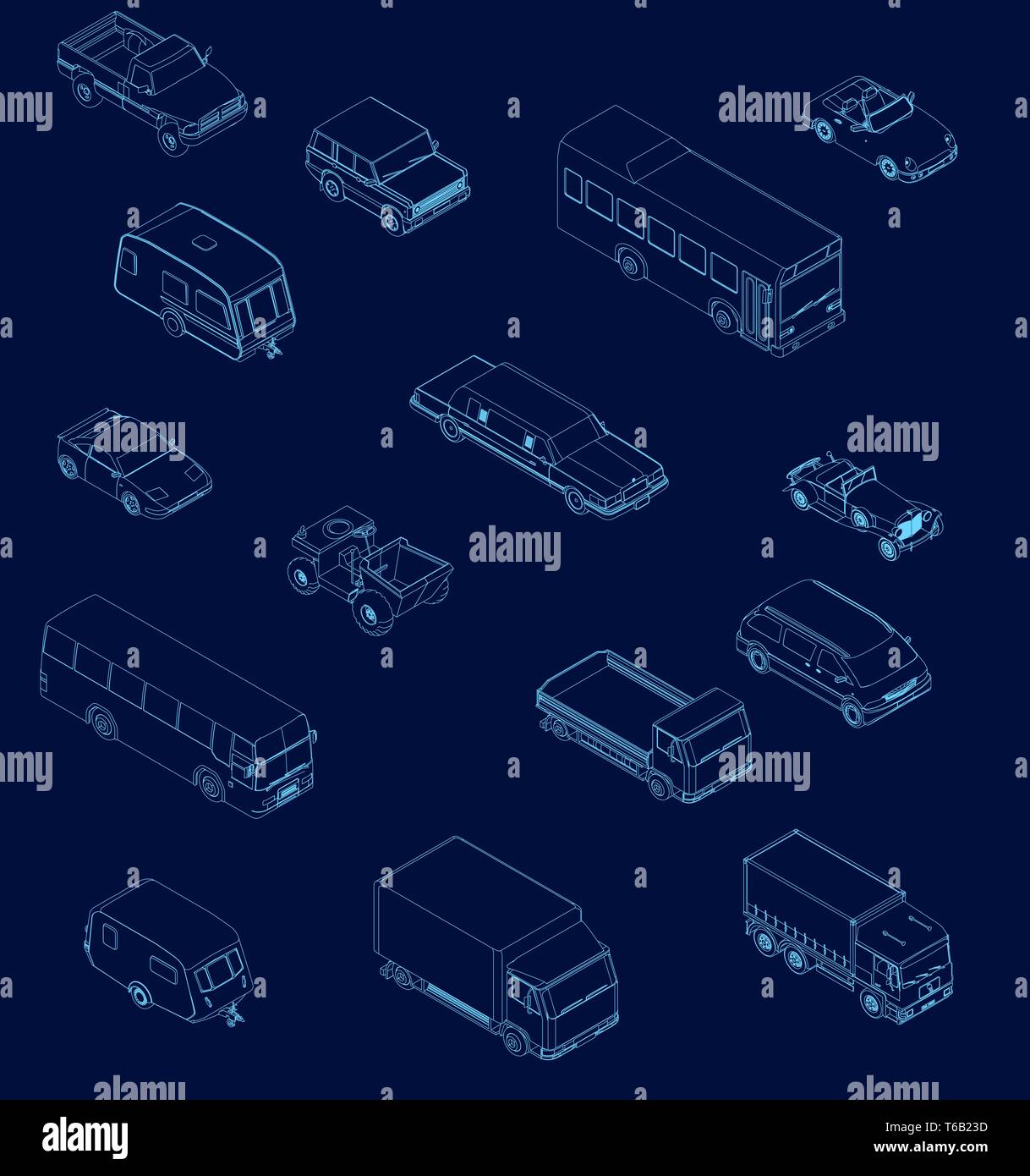 Set With Contours Of Cars In Isometry Various Types Of Cars From Blue Set With Contours Of Cars In Isometry Various Types Of Cars From Blue