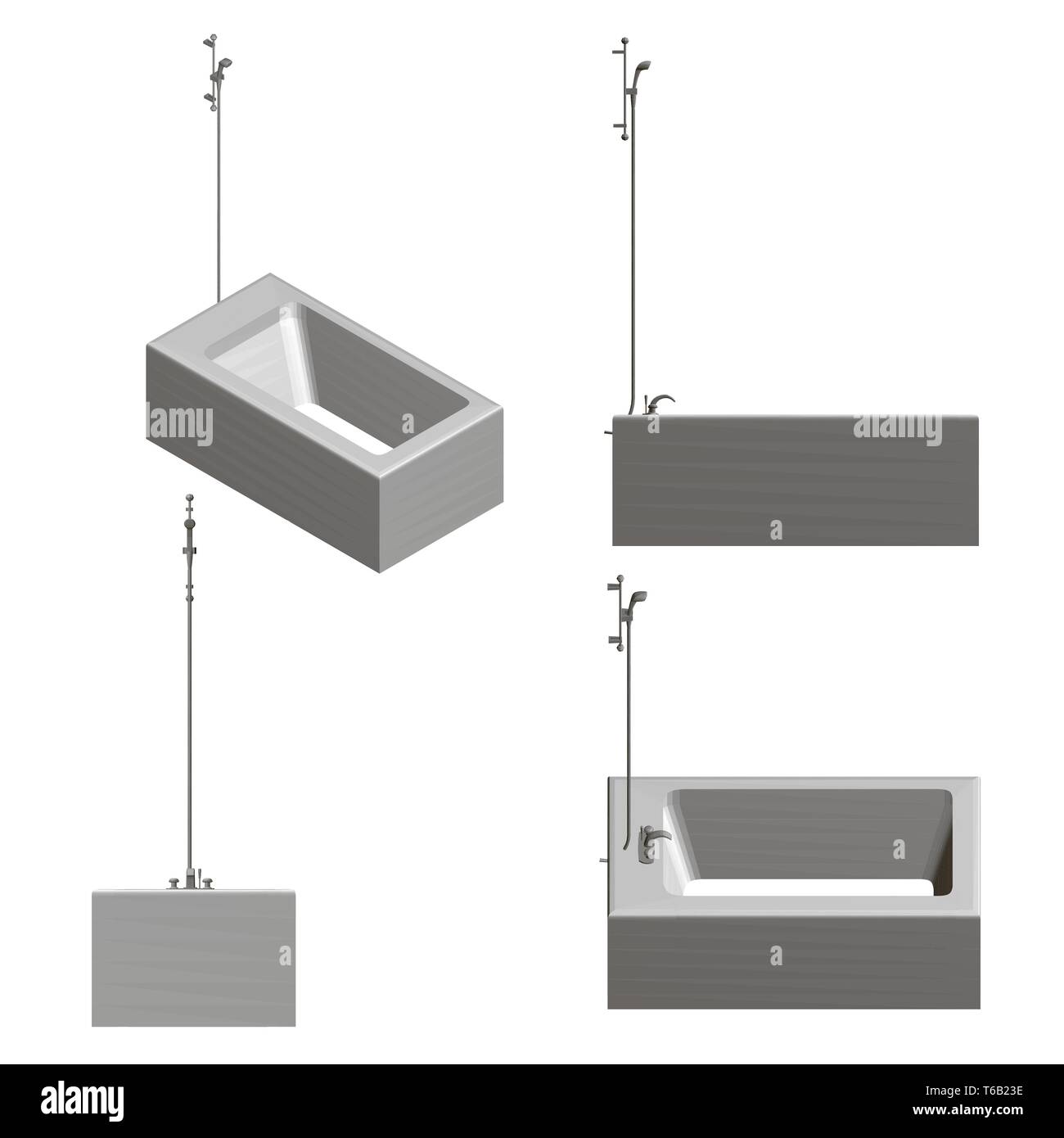 Set with bath and shower. Bath in different positions. 3D. Vector ...