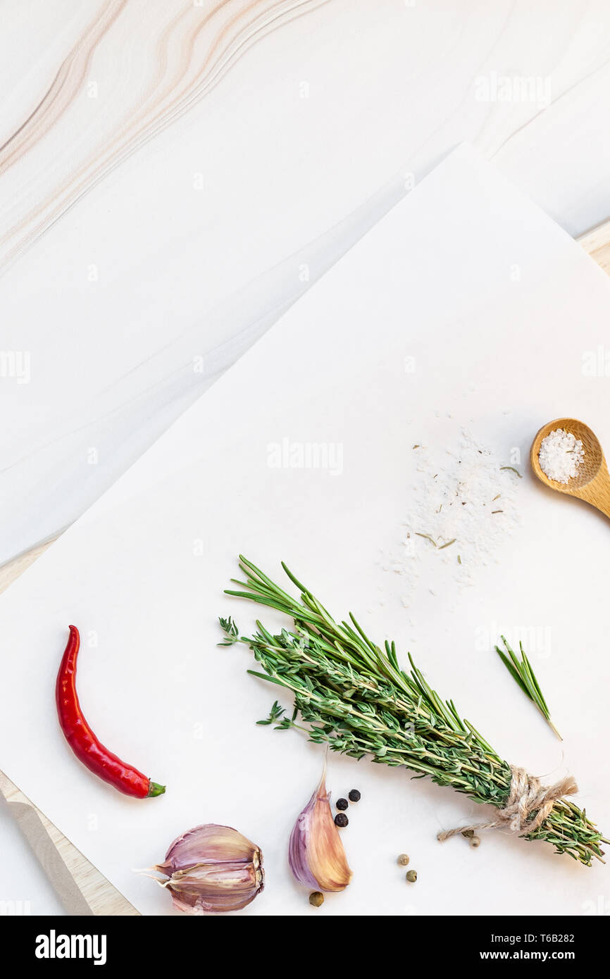 Flat lay overhead view blank recipe paper page with clip mockup text ...