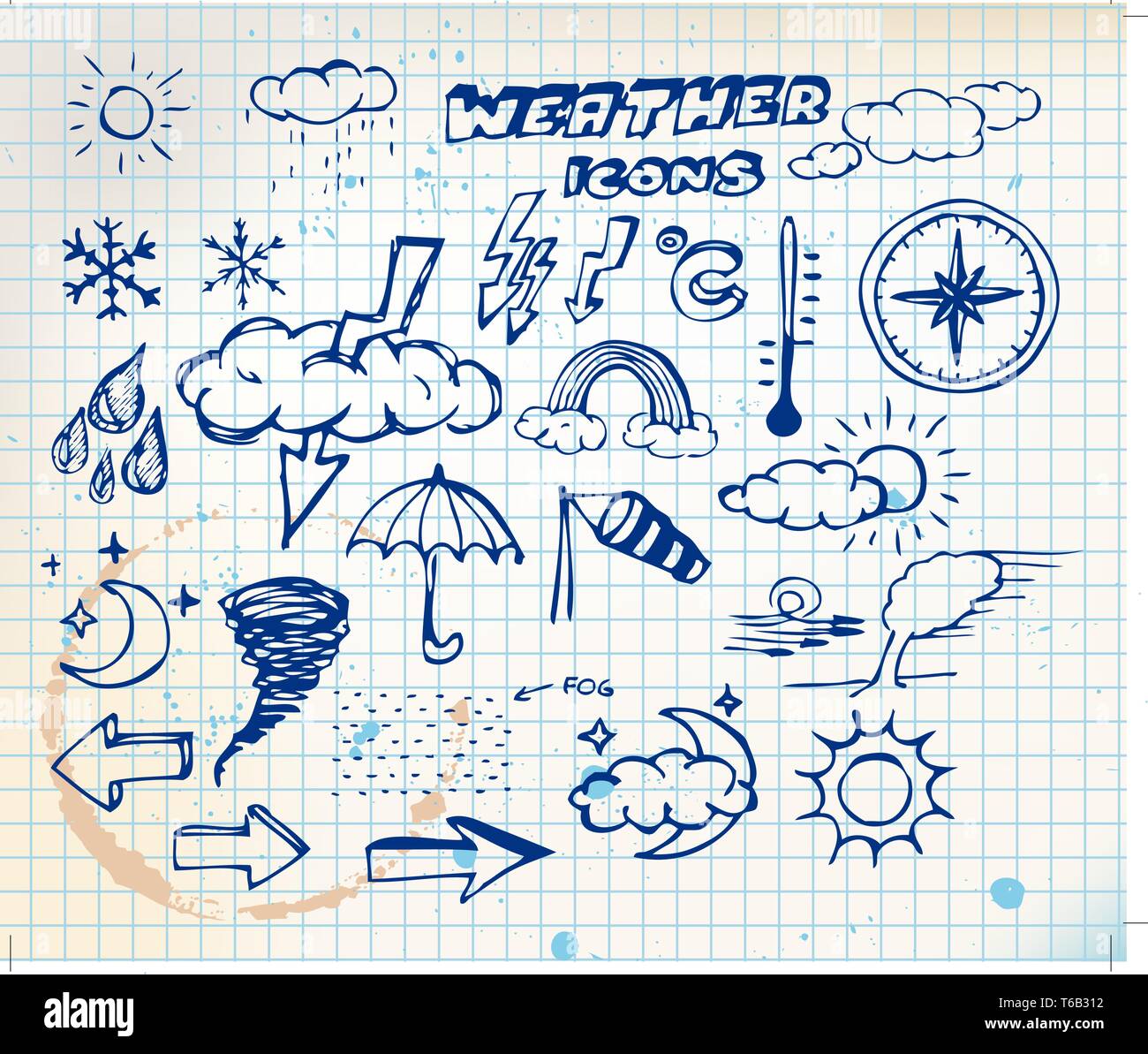 Set of grunge weather hand drawing icons on squared paper Stock Vector ...