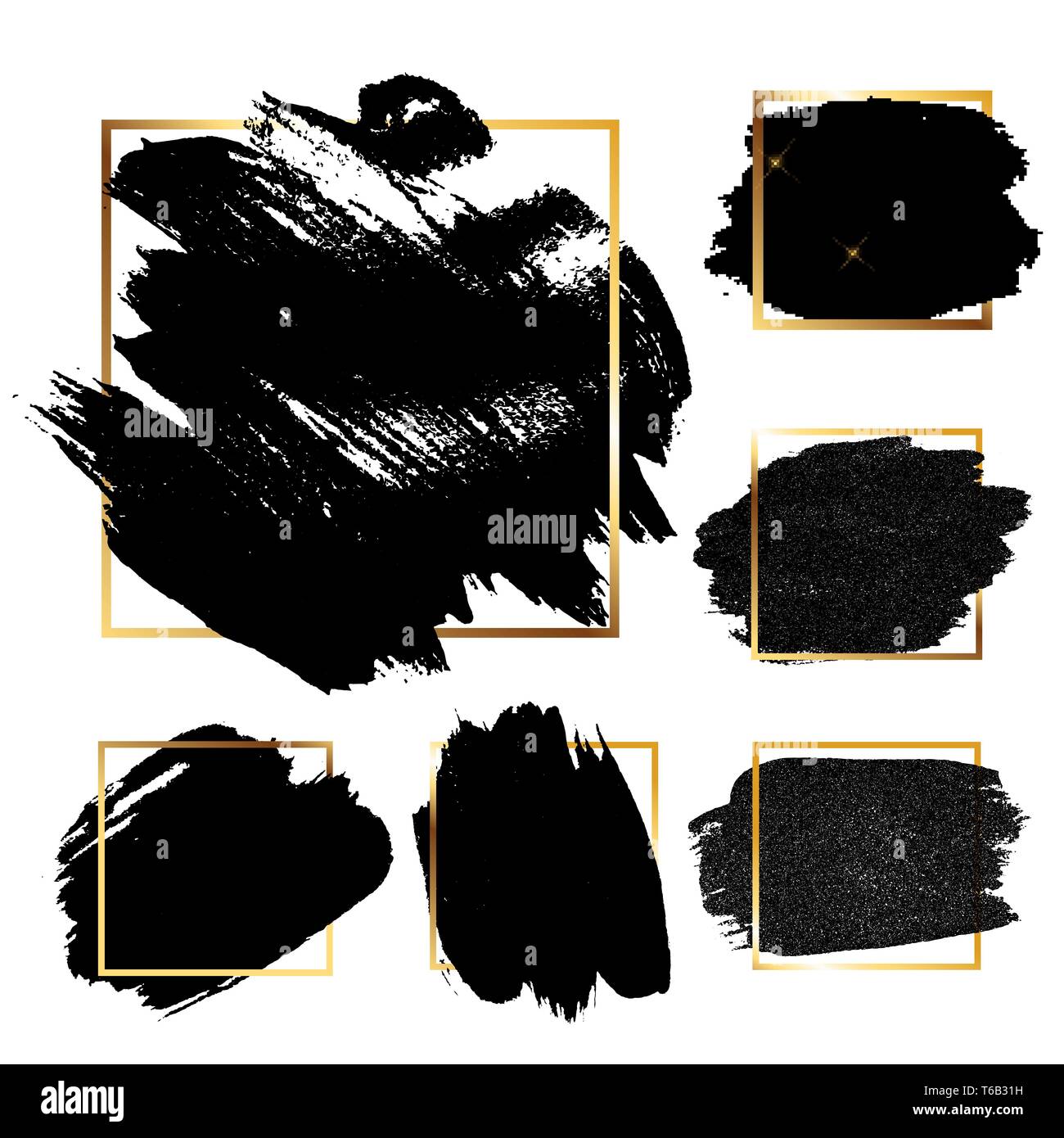 Black Grunge Brush paint ink stroke with square frame backgrounds set ...