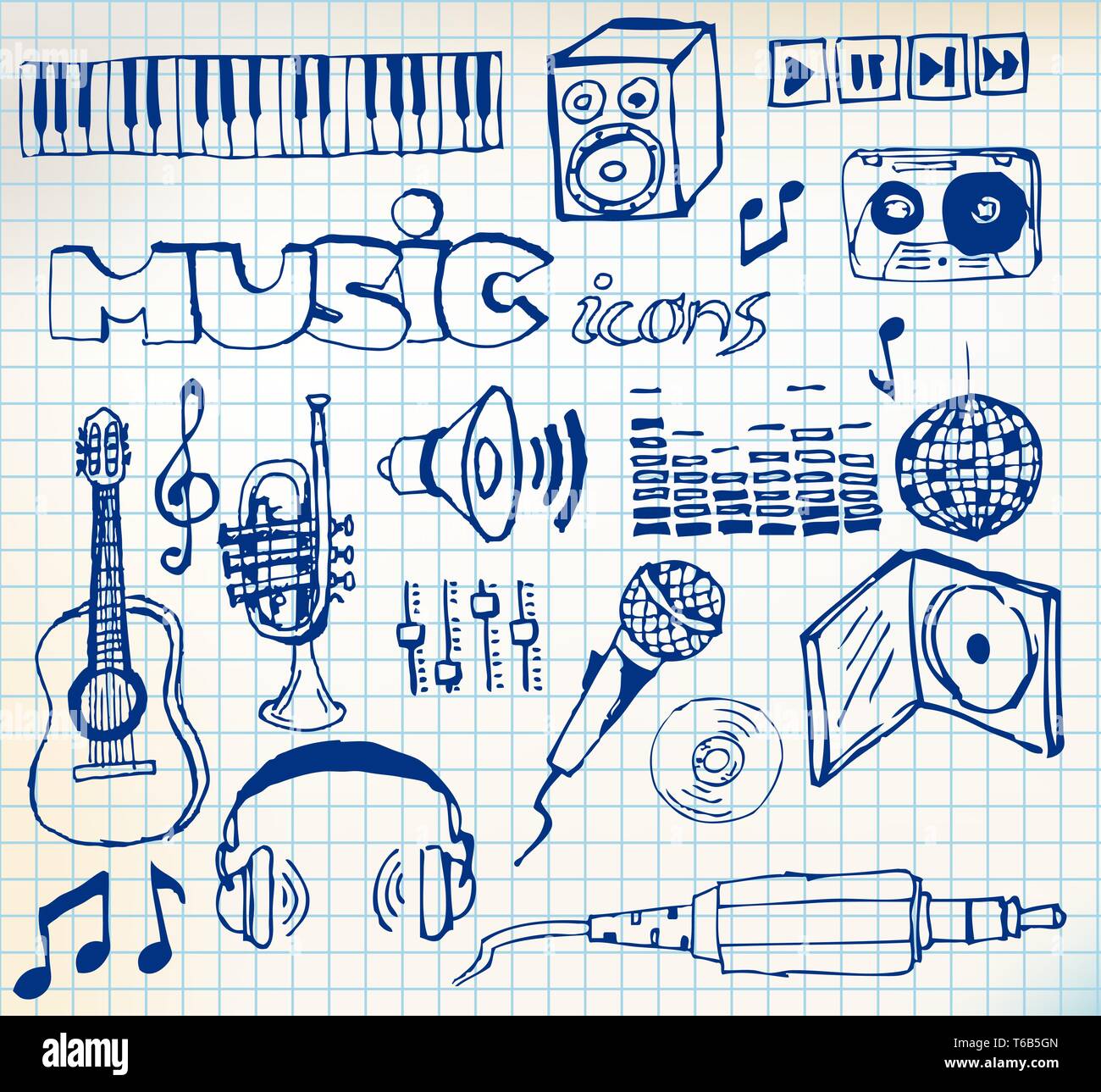 Set of music hand-drawn icons on squared paper (vector Stock Vector ...