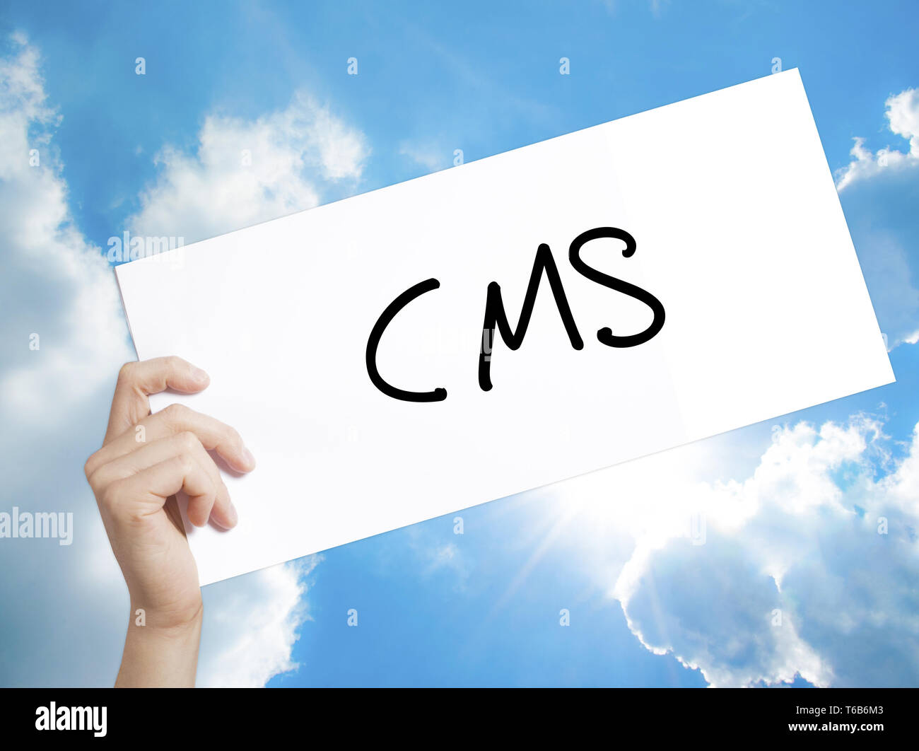 CMS (Custom Management System) Sign on white paper. Man Hand Holding ...