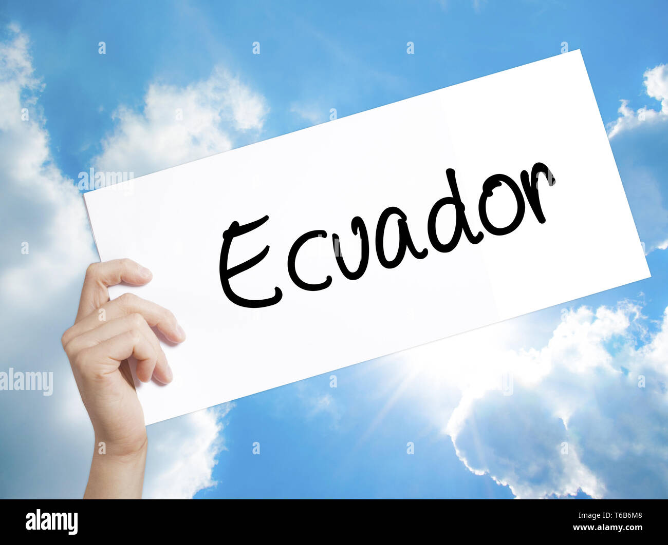 Ecuador Sign on white paper. Man Hand Holding Paper with text. Isolated ...