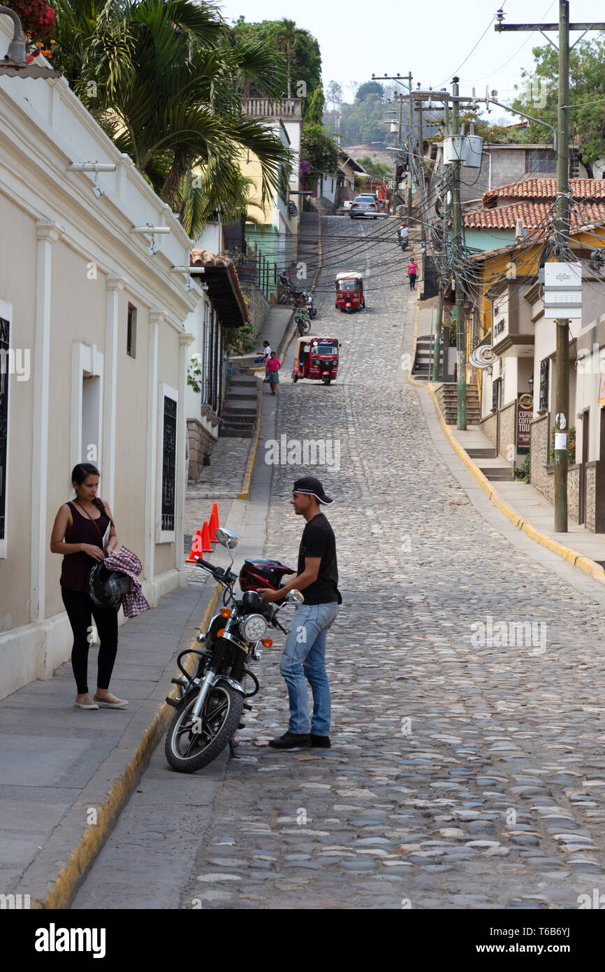 Street scene in the colourful town of Copan Ruinas, near the Copan ...