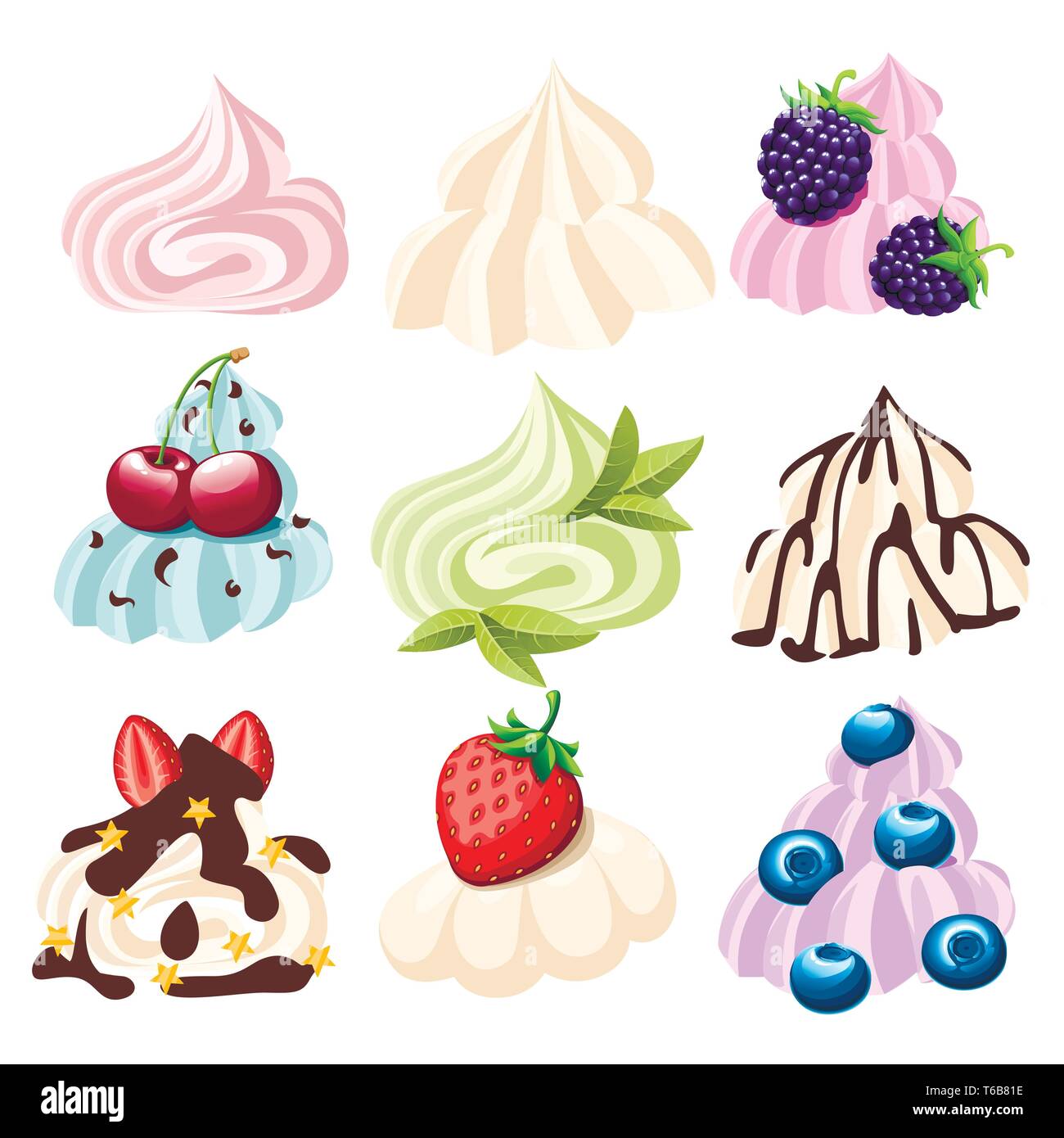 Whipped cream with fruits and berries. Icing cream collection. Flat ...