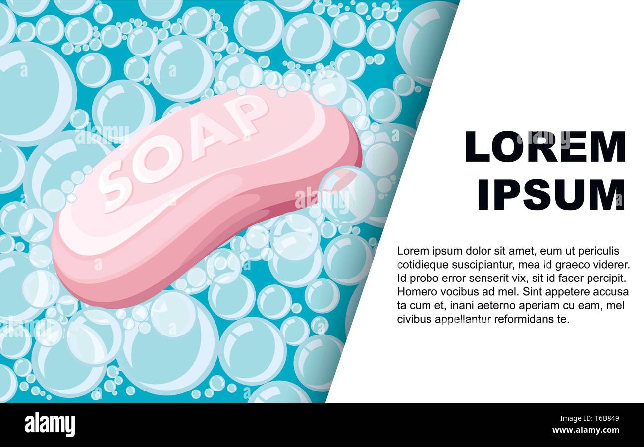 Pink soap bar with transparent bubbles. Flat vector illustration with ...