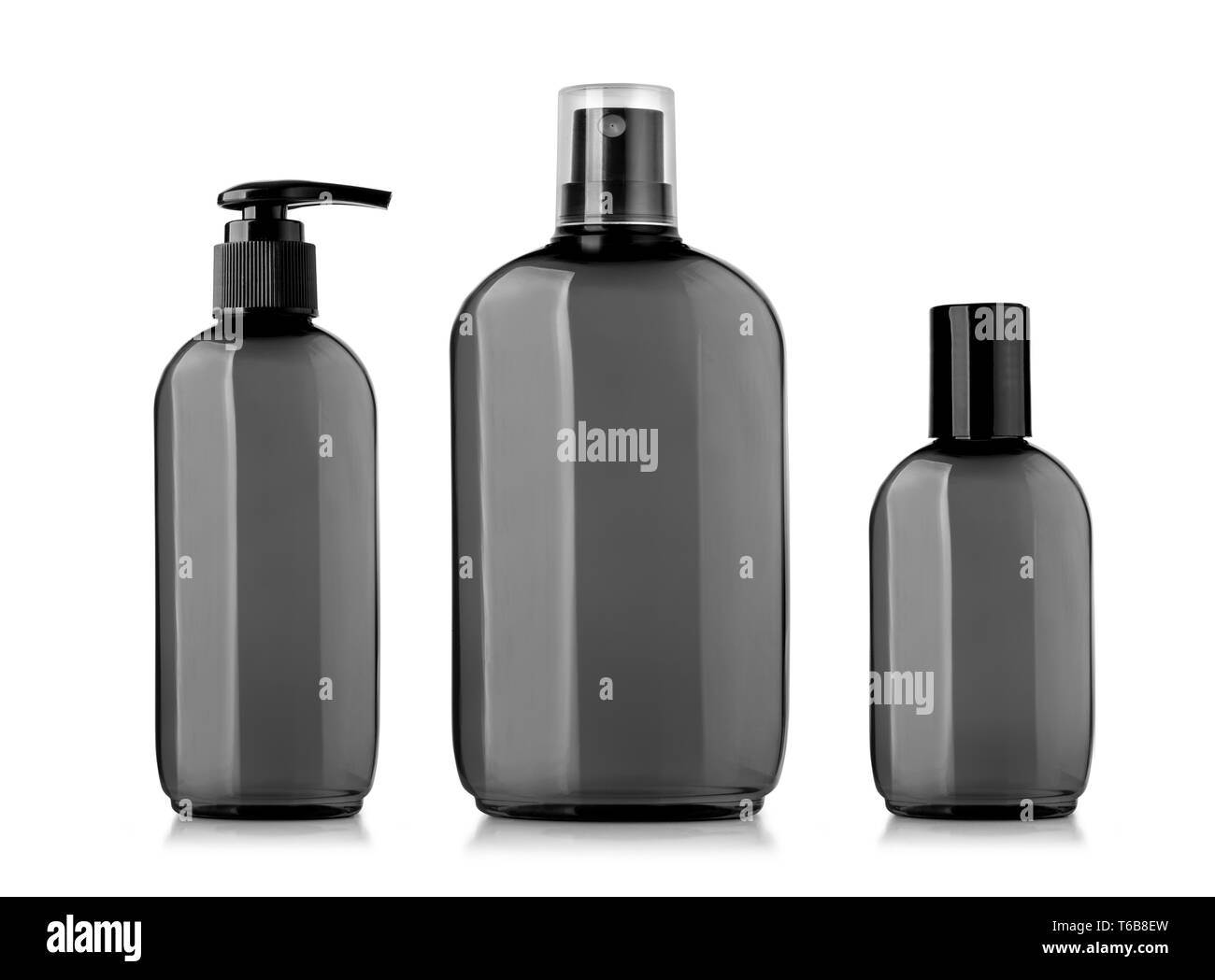 Transparent brown plastic bottle package isolated on white with ...