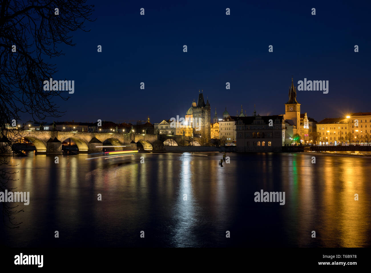 Night photo of Prague Charles Bridge and Powder tower Stock Photo - Alamy