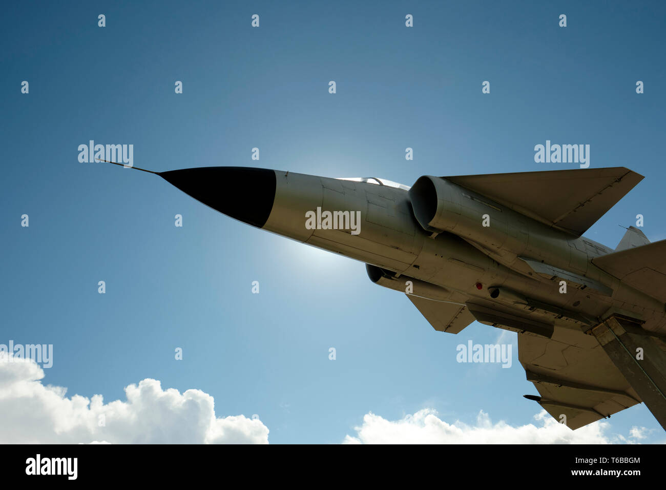 A Saab 37 Viggen Swedish fighter jet fighter plane from below against a ...