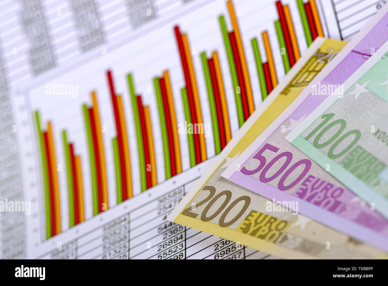 chart of exchange and stock market shows success with Euro banknotes ...
