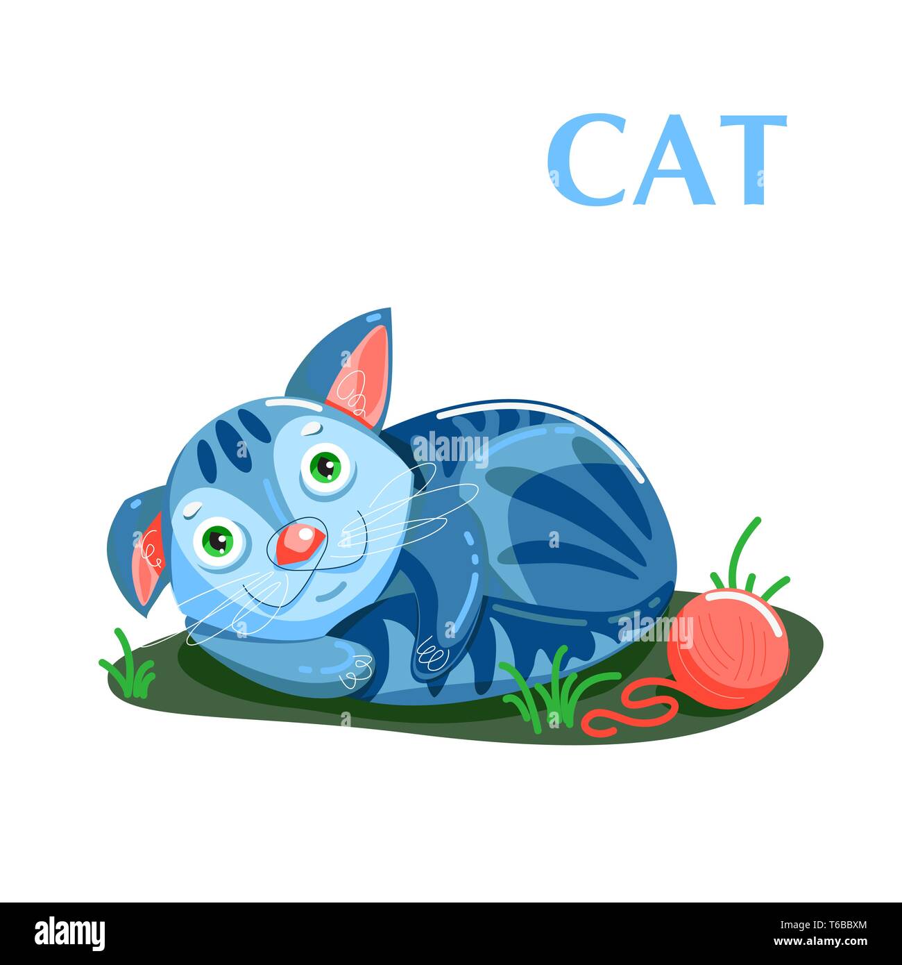 Educational flashcard kitten resting after a game with a ball of ...