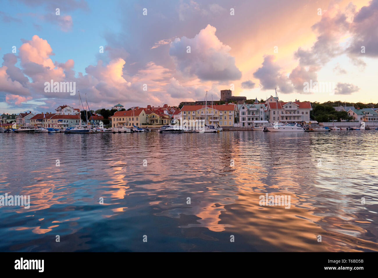 Marstrand town waterfront and island at sunset in Kungälv Municipality ...