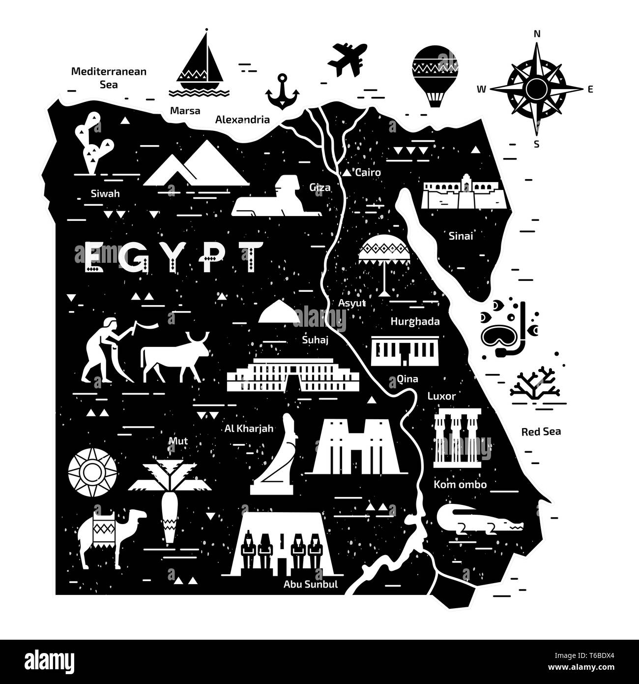 Outline and silhouette map of Egypt - vector illustration hand drawn ...