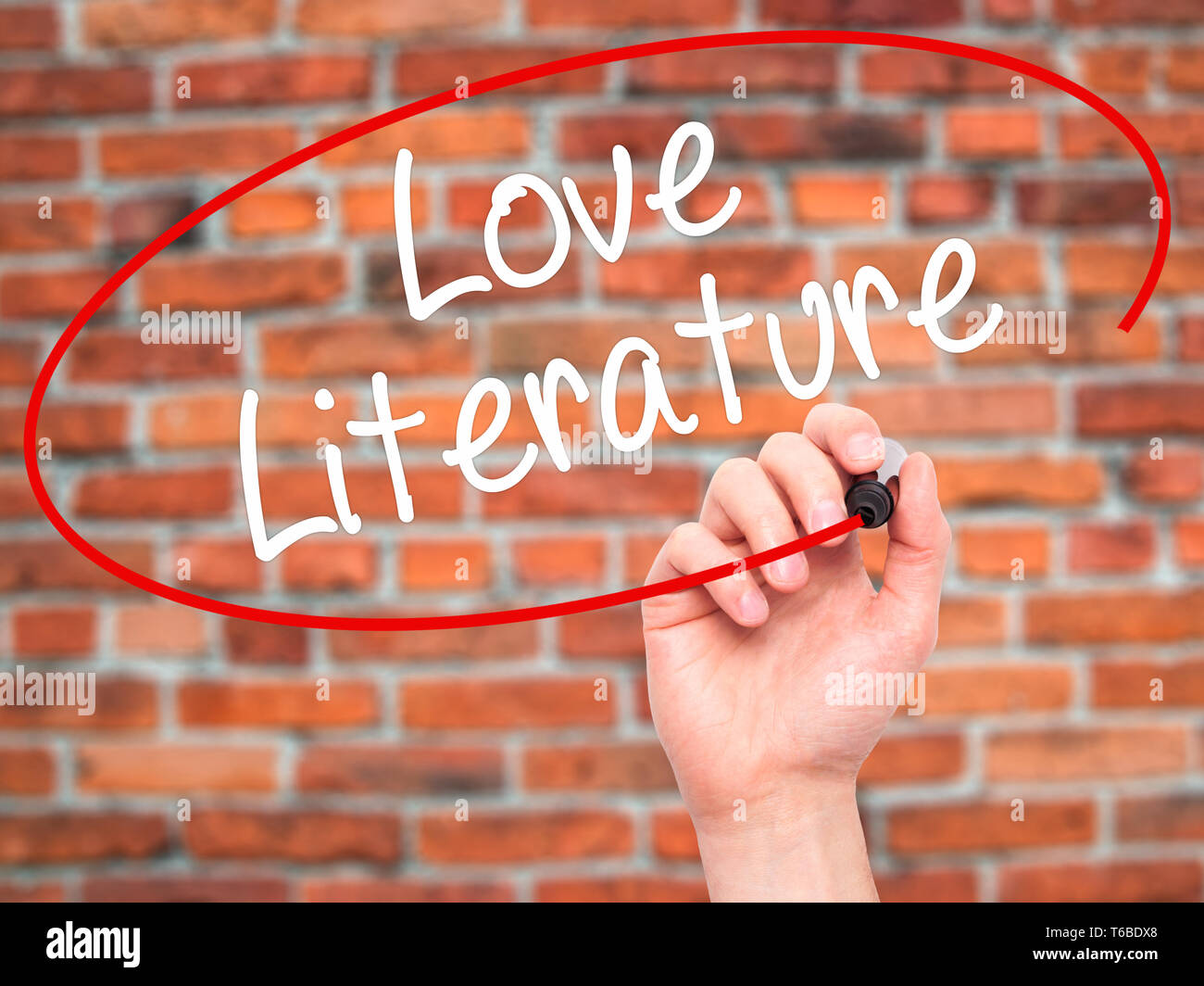 Man Hand writing Love Literature with black marker on visual screen ...