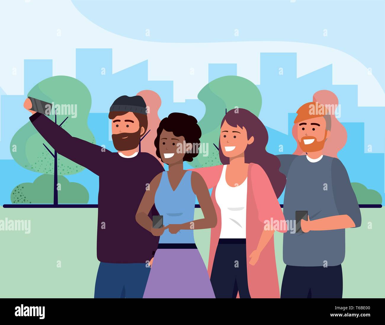 Millennial group using smartphone taking selfie posing together smiling ...