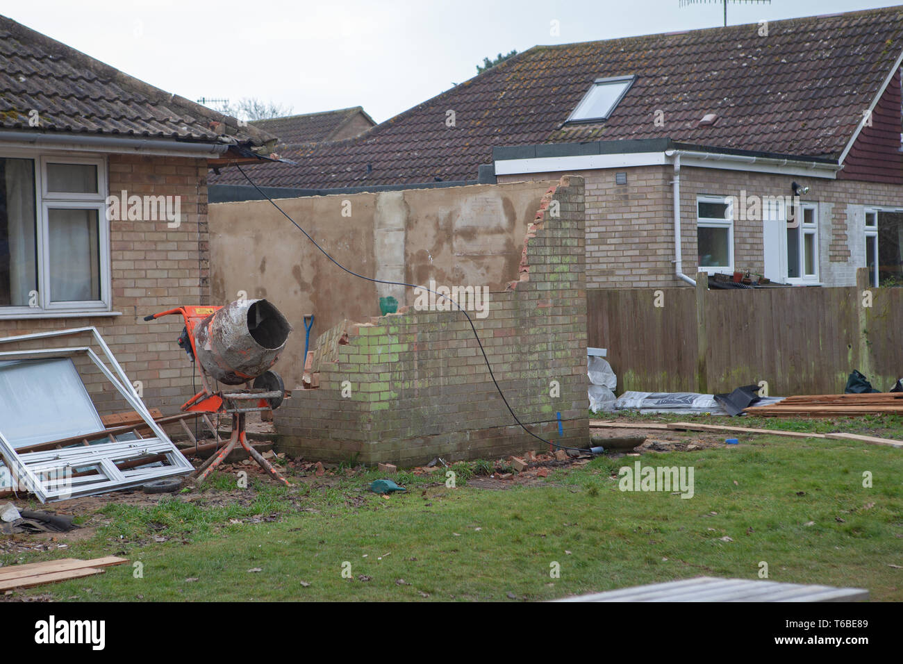 Demolition works in the residential property, destroyed garage, rubble ...