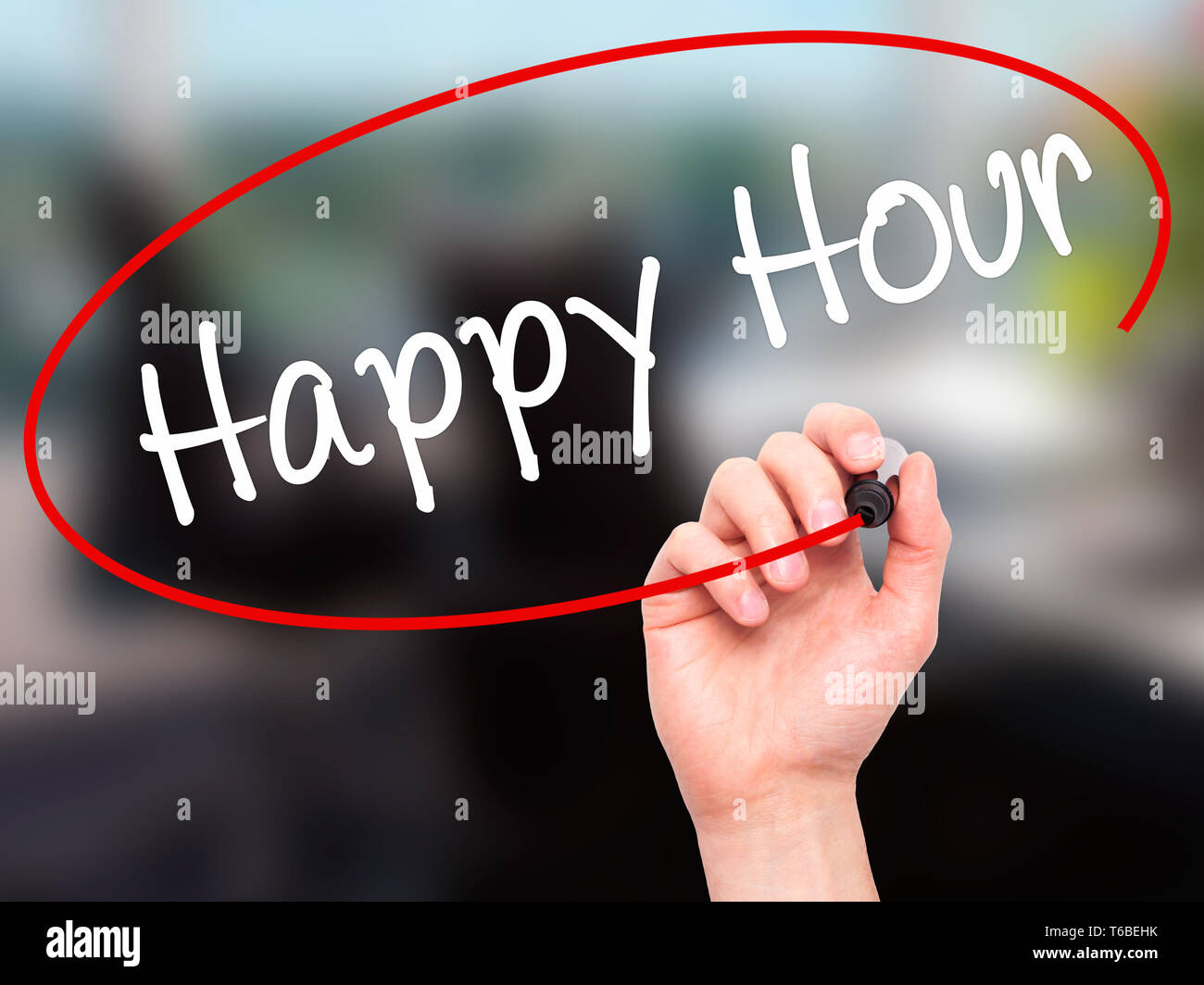 Man Hand writing Happy Hour with black marker on visual screen Stock ...