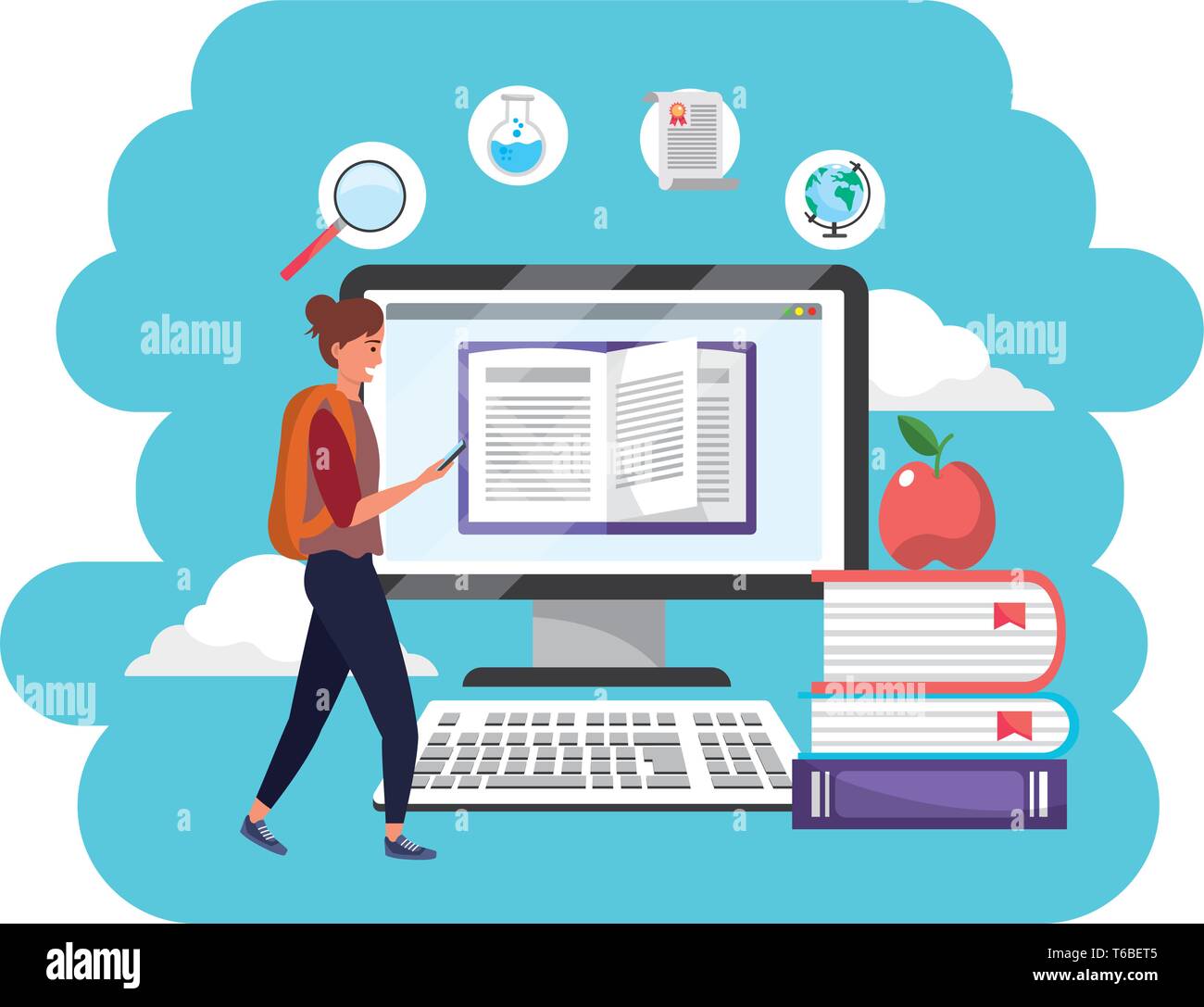 Online education millennial young student computer book stack and apple ...