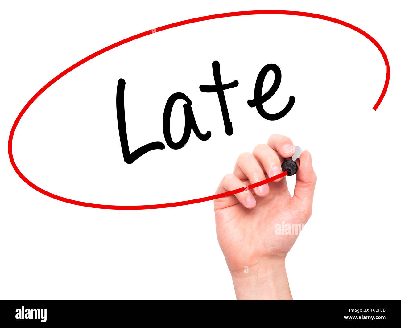 Man Hand writing Late with black marker on visual screen Stock Photo ...