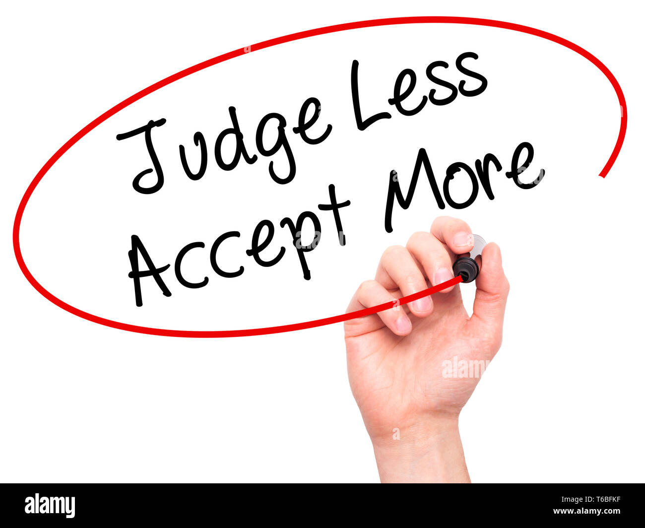 Man Hand writing Judge Less Accept More with black marker on visual ...