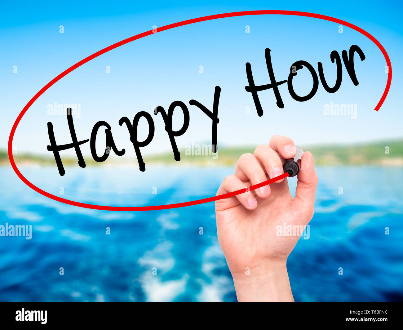 Man Hand writing Happy Hour with black marker on visual screen Stock ...