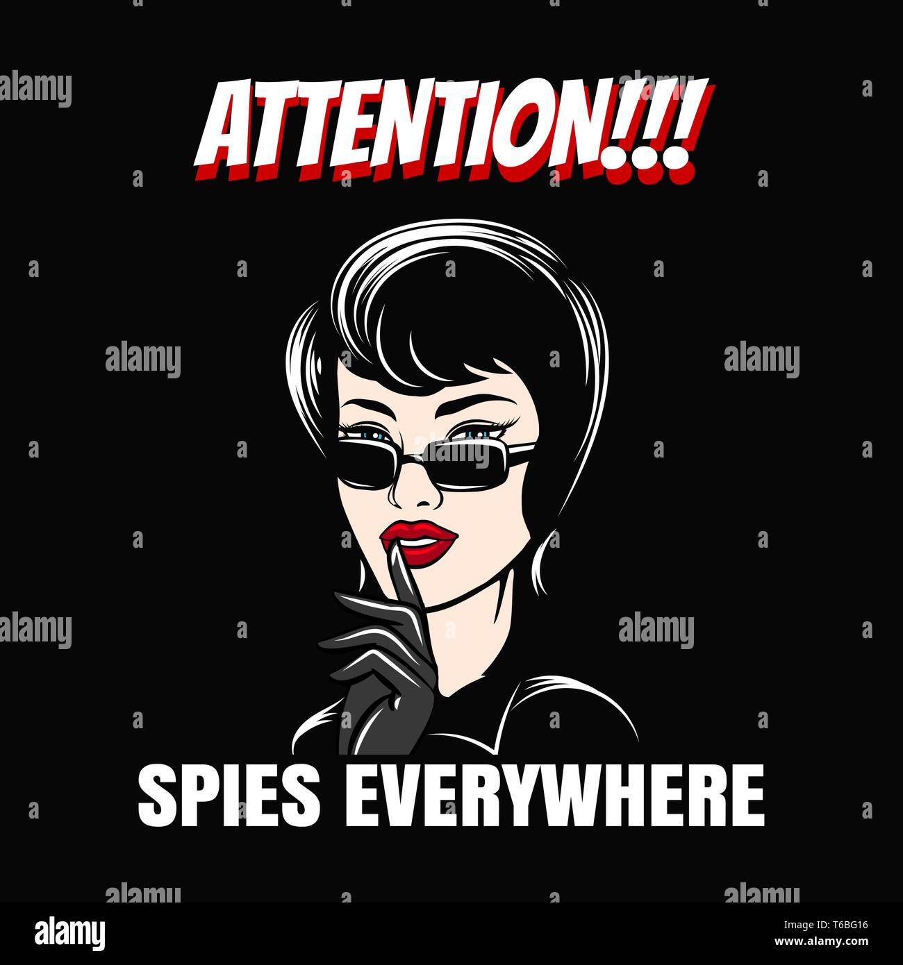 Woman in black glasses and gloves with finger showing hush silence sign ...